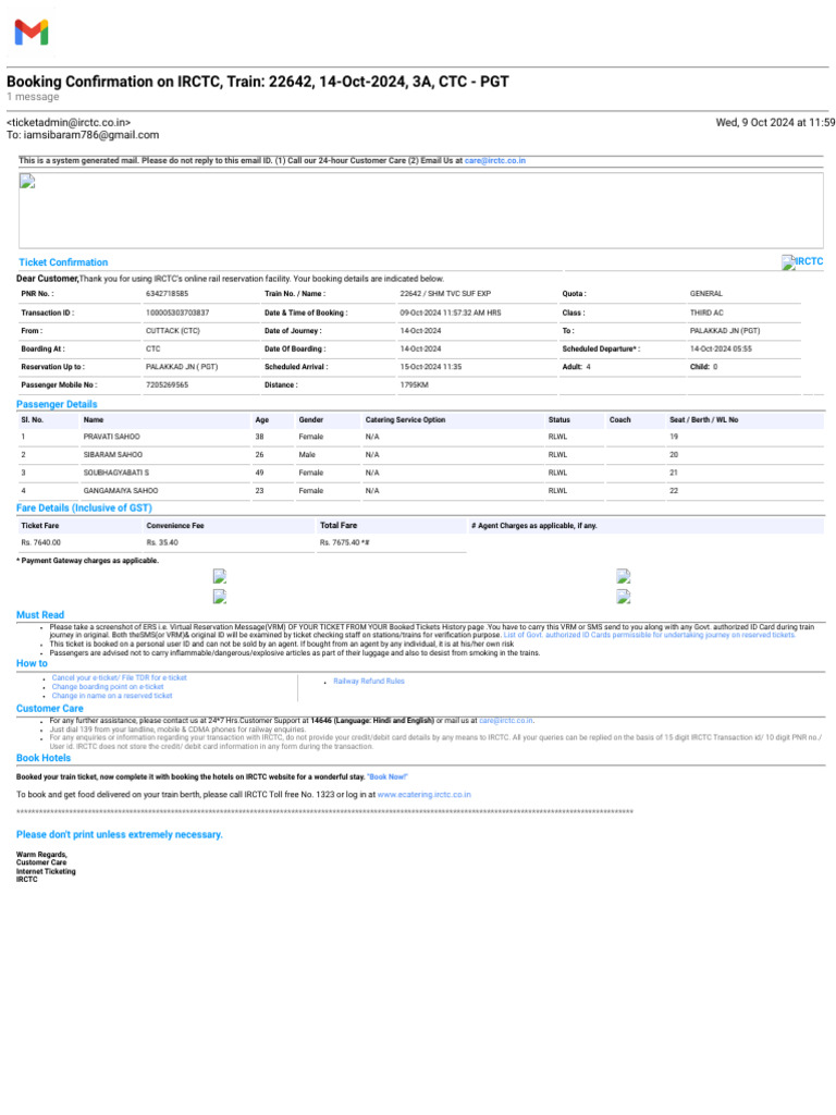 Gmail - Booking Confirmation On IRCTC, Train - 22642, 14-Oct-2024, 3A ...