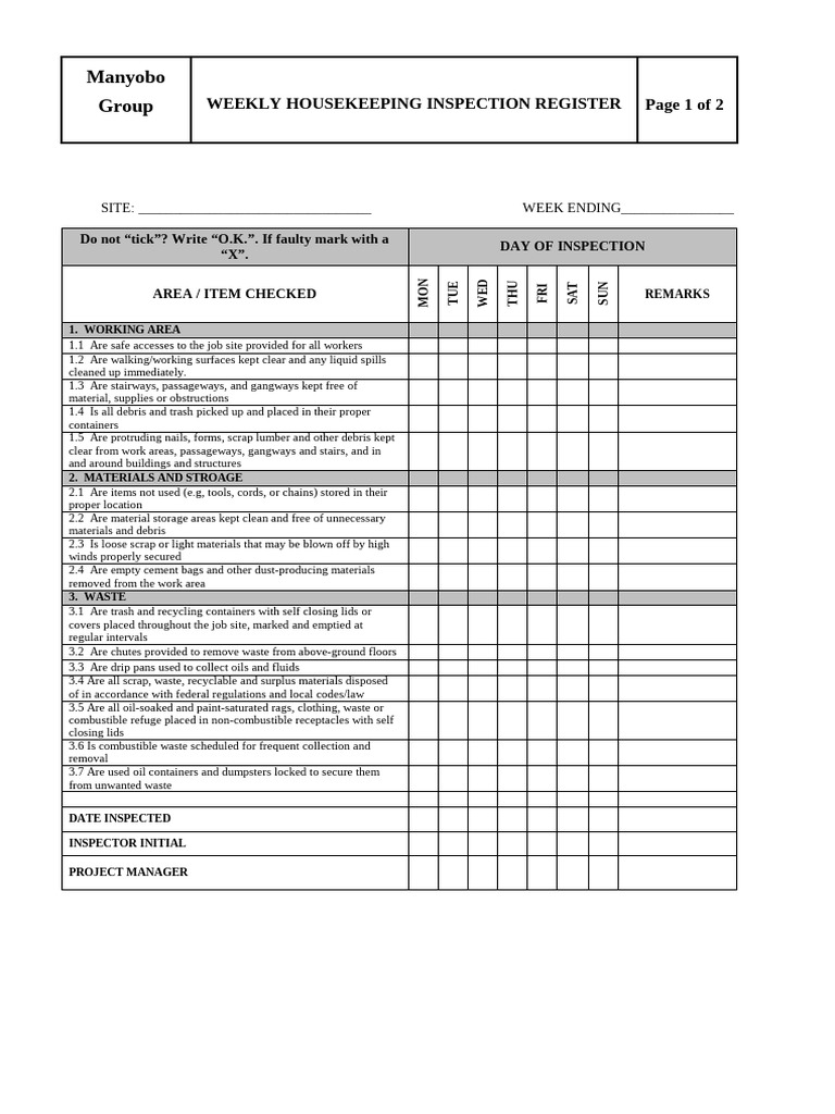 Housekeeping Inspection Register 2019 | PDF | Housekeeping | Waste
