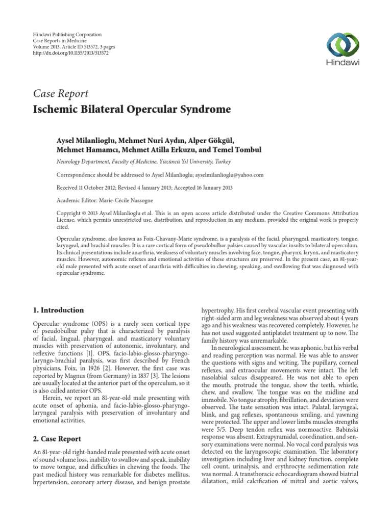 Case Report: Ischemic Bilateral Opercular Syndrome | PDF