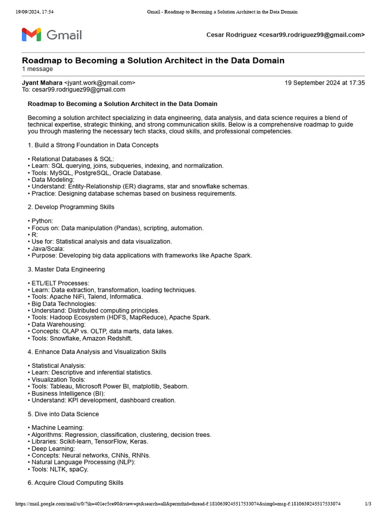 03.1 - Feedback From Jyant Mahara - Gmail - Roadmap To Becoming A Solution Architect in The Data ...