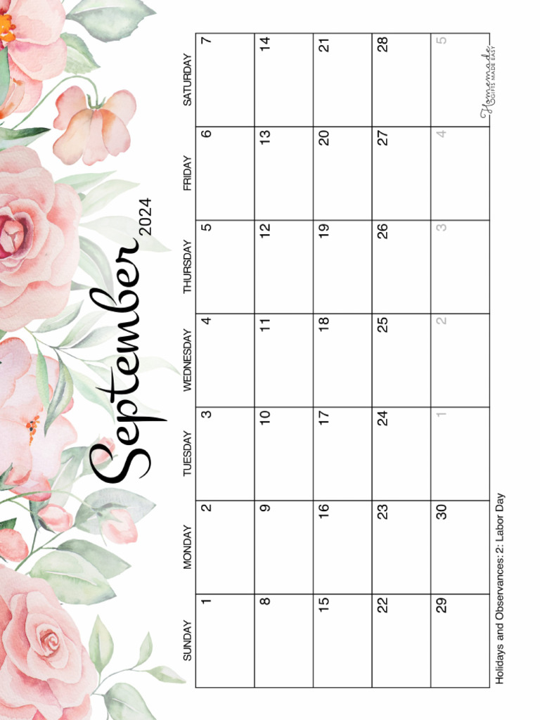 September Calendar 2024 Printable Rose | PDF