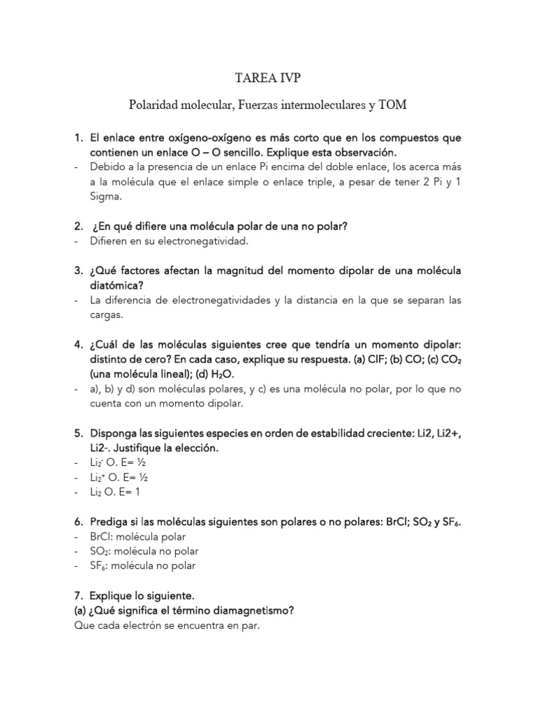 Tarea IV polaridad, fuerzas intermoleculares y TOM | PDF