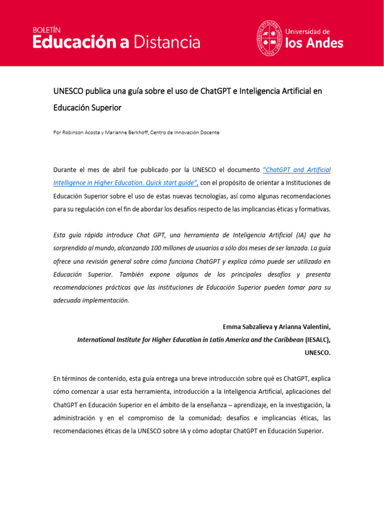 Unesco Publica Una Guia Sobre El Uso de Chat GPT e Inteligencia Artificial en Educacion Superior ...