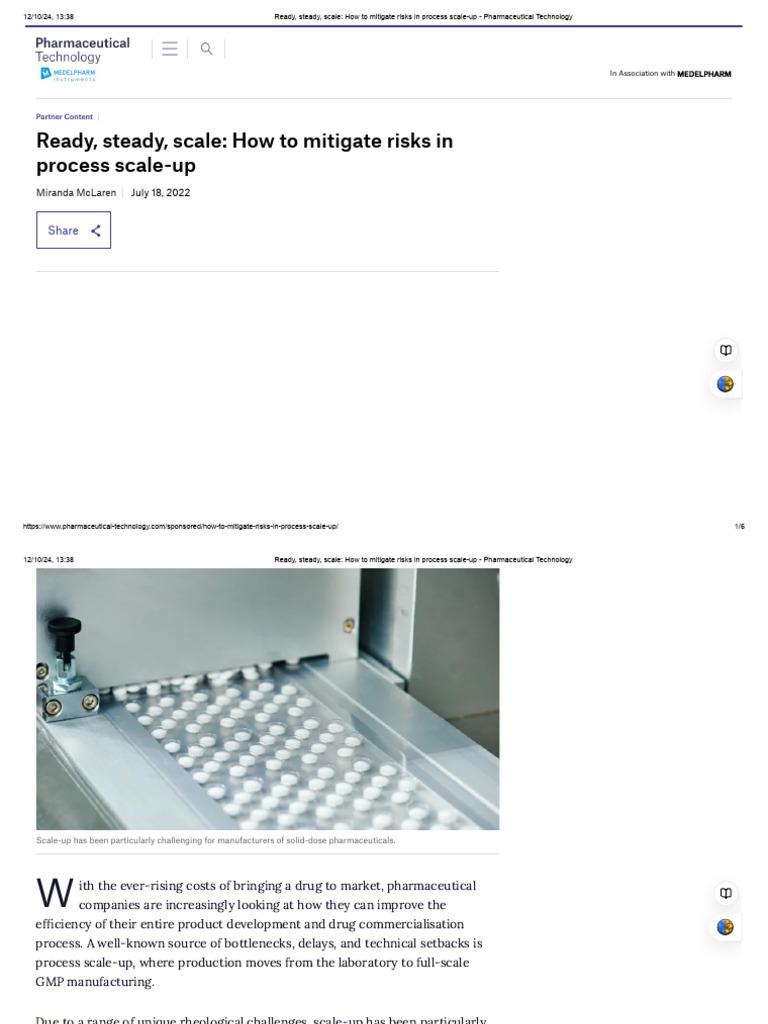 Ready, Steady, Scale - How To Mitigate Risks in Process Scale-Up - Pharmaceutical Technology | PDF