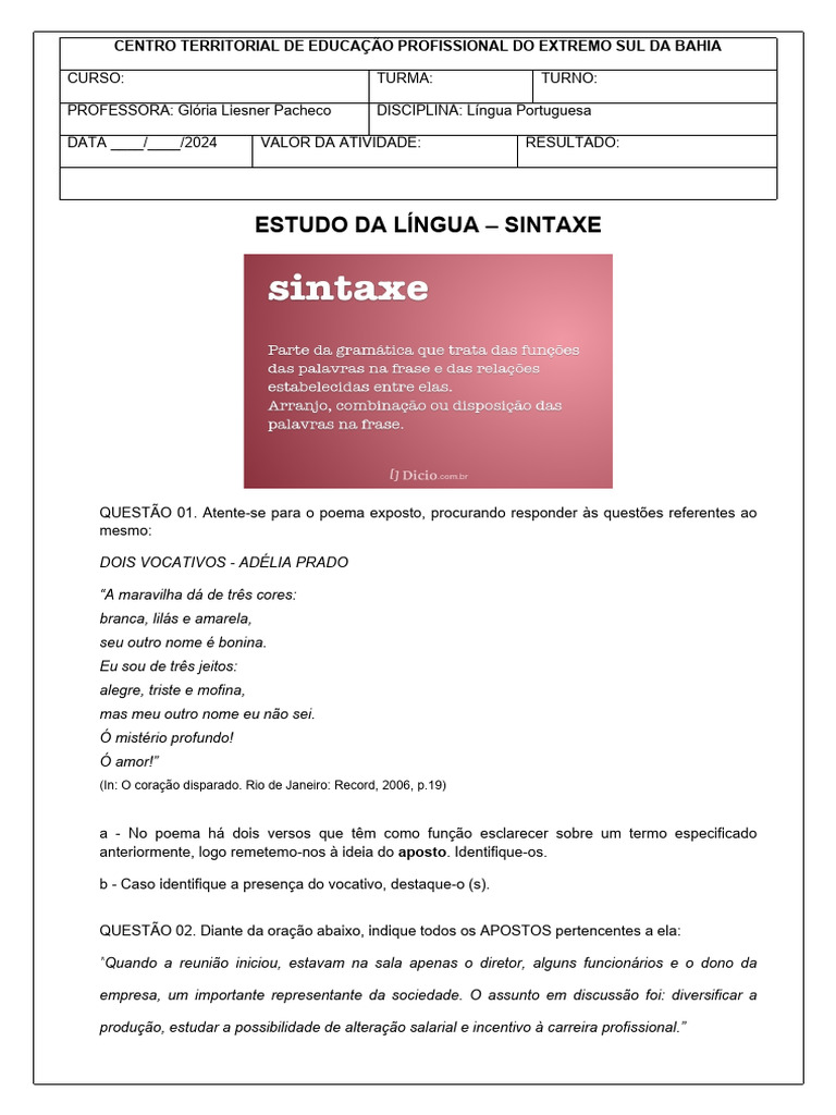 Atividade de Sintaxe | PDF