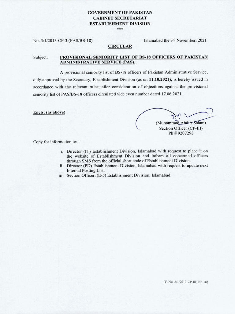 Seniority List of PAS BS-18 Officers | PDF