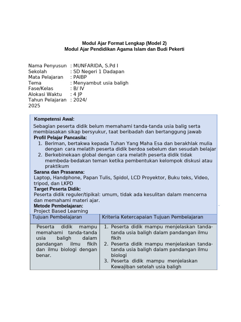 Modul Ajar PJBL MENYAMBUT USIA BALIGH | PDF
