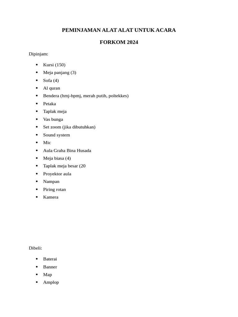 Peminjaman Alat Alat Untuk Acara Forkom | PDF