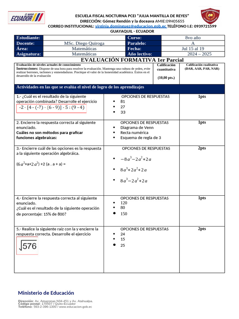 Ev. Form. Parcial 1 Mat 8, 9y 10 2024-25 | PDF