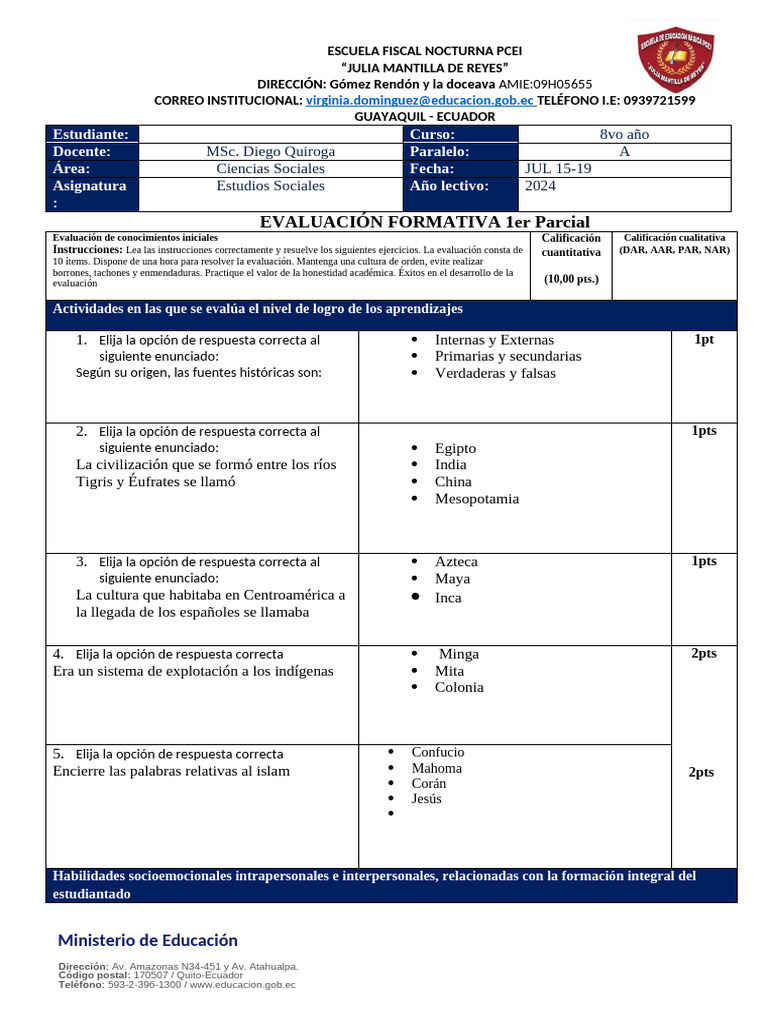 Ev. Form. Parcial 1 EESS 8,9 y 10 2024-25 | PDF