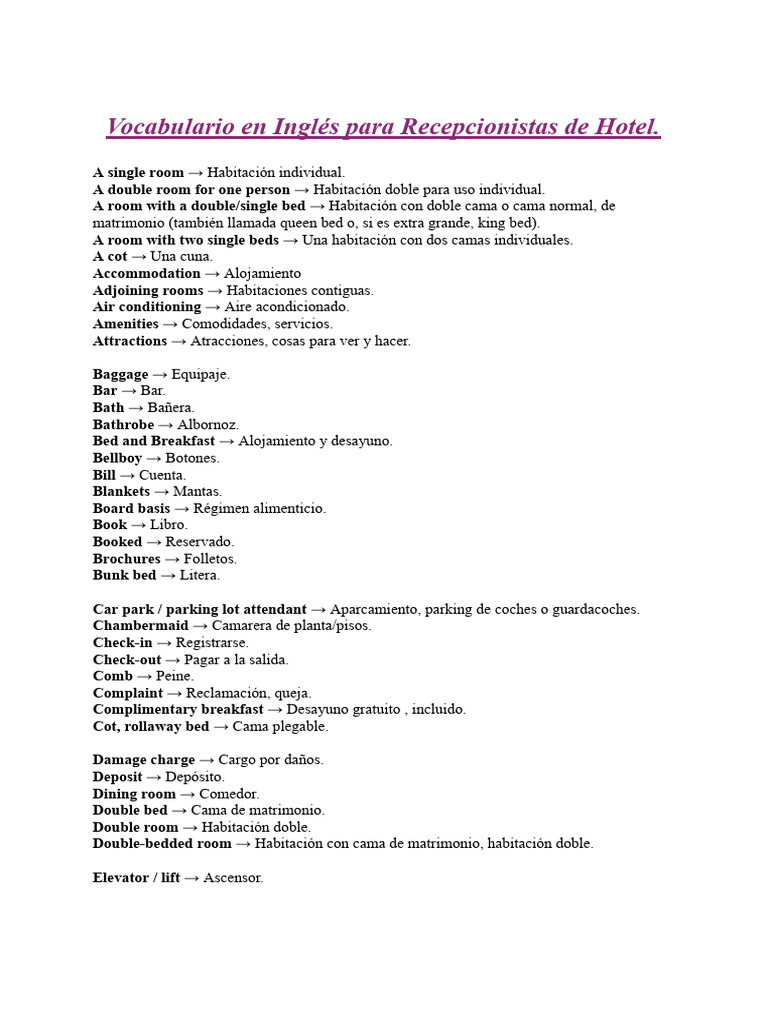 Vocabulario para Recepcionistas de Hotel | PDF | Higiene | Hogar ...