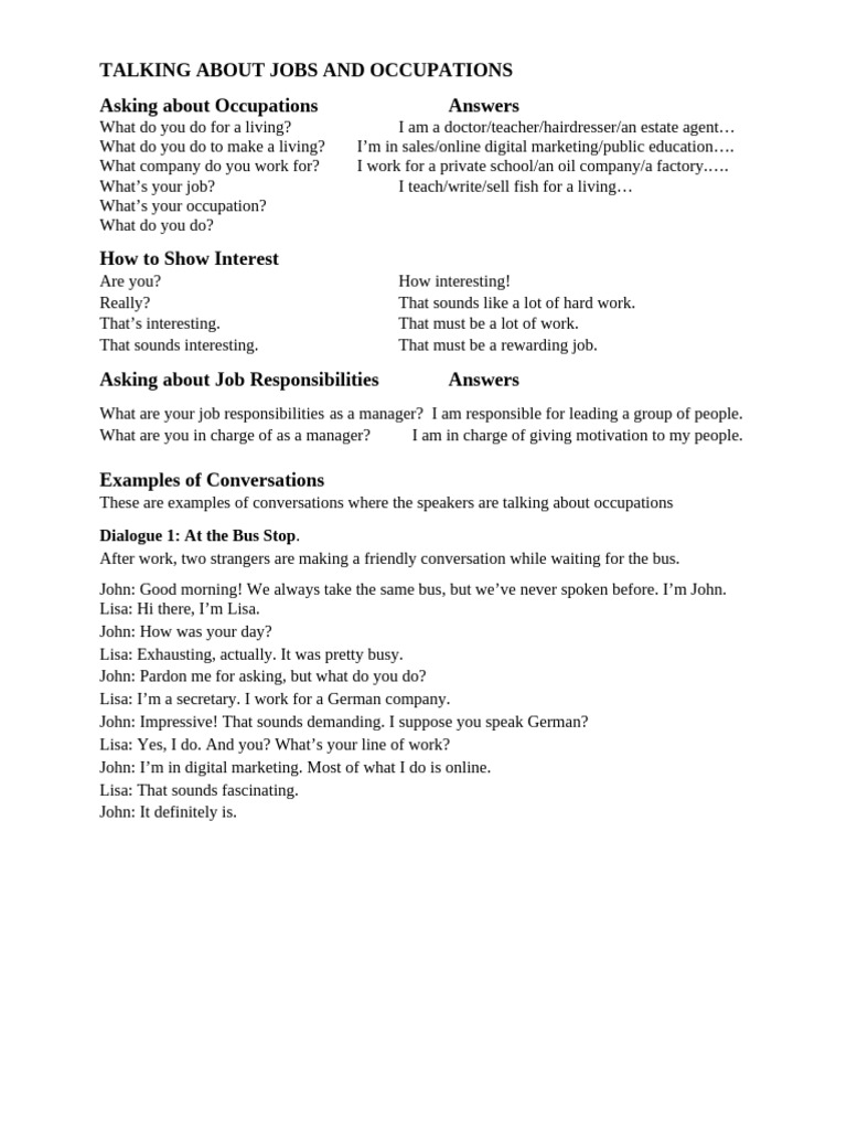 Talking About Jobs and Occupations | PDF