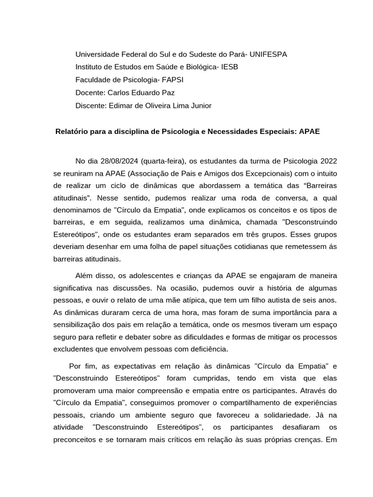 Relatório Da APAE | PDF