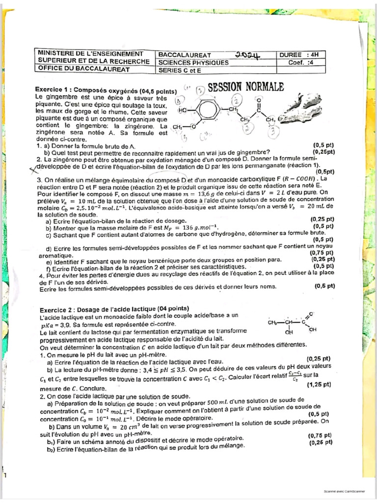 Sujet Physique-Chimie Bac Séries C-E Togo 2024 | PDF