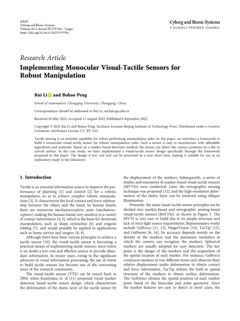 Implementing Monocular Visual-Tactile Sensors for Robust Manipulation | PDF Implementing Monocular Visual-Tactile Sensors for Robust Manipulation | PDF
