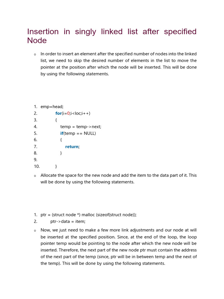Insertion in Singly Linked List After Specified Node | PDF