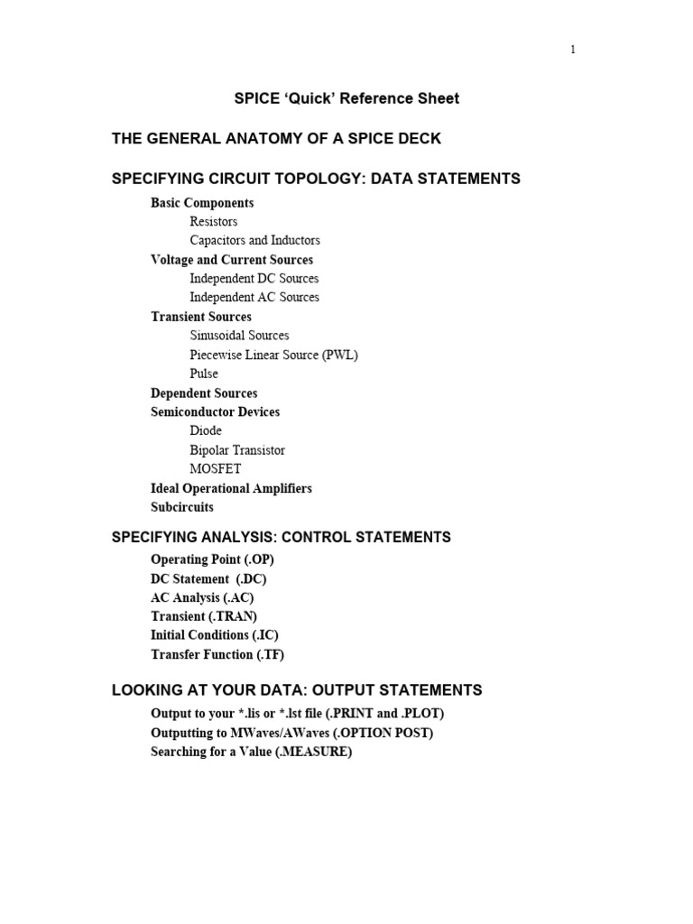SPICE Quick Reference-1 | PDF