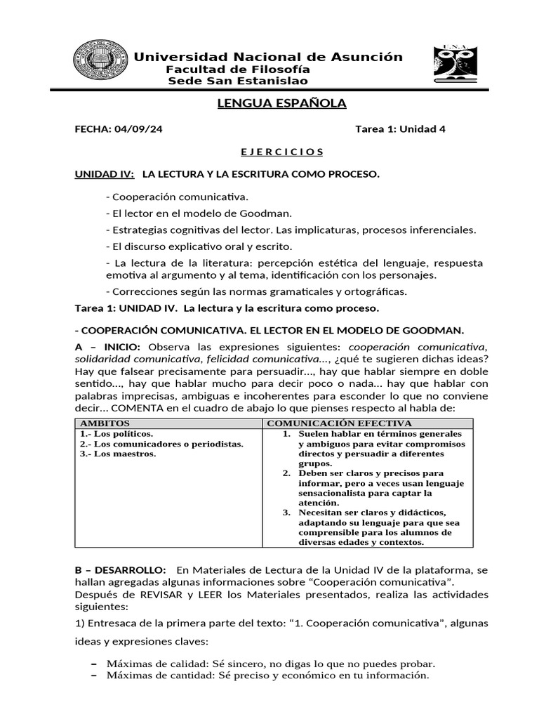 Lengua Esp. Unidad Iv - Tarea 1 Isela | PDF