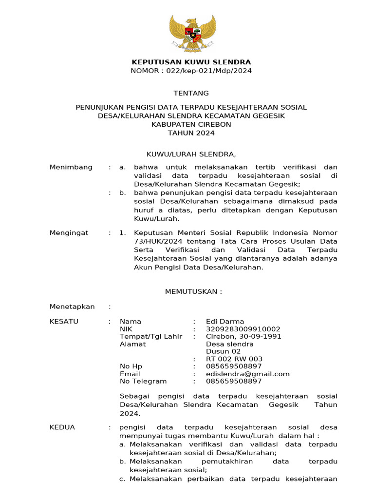 SK Penunjukan Pengisi Data DTKS Desa Tahun 2024 | PDF