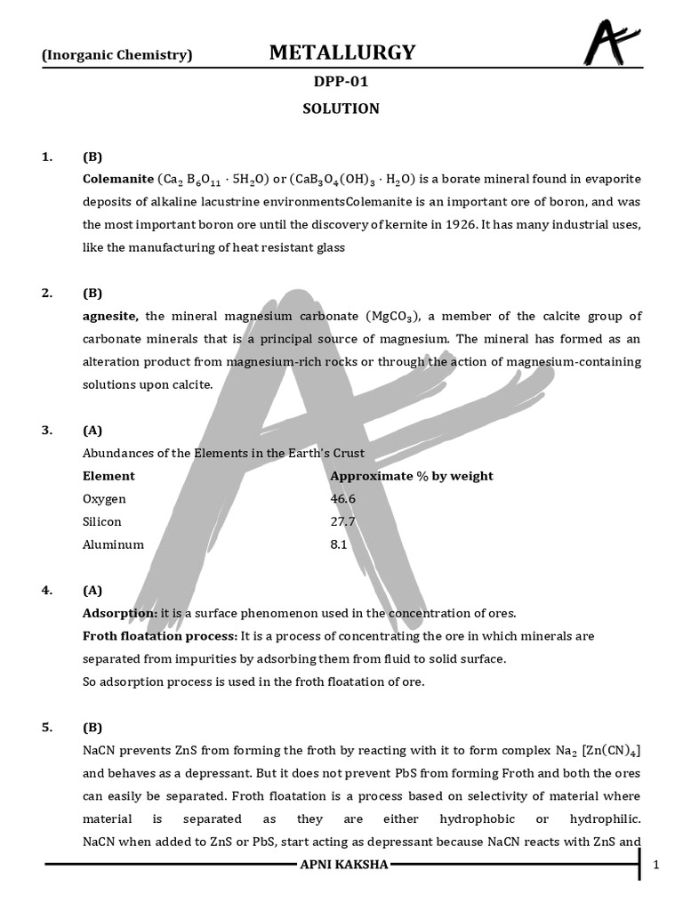 DPP - 01 (Solution) - Metallurgy | PDF