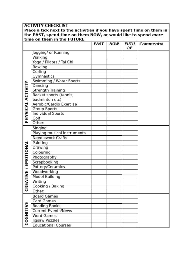 Leisure interests Checklist | PDF