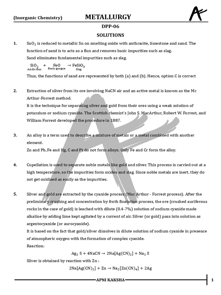 DPP - 06 (Solution) - Metallurgy | PDF