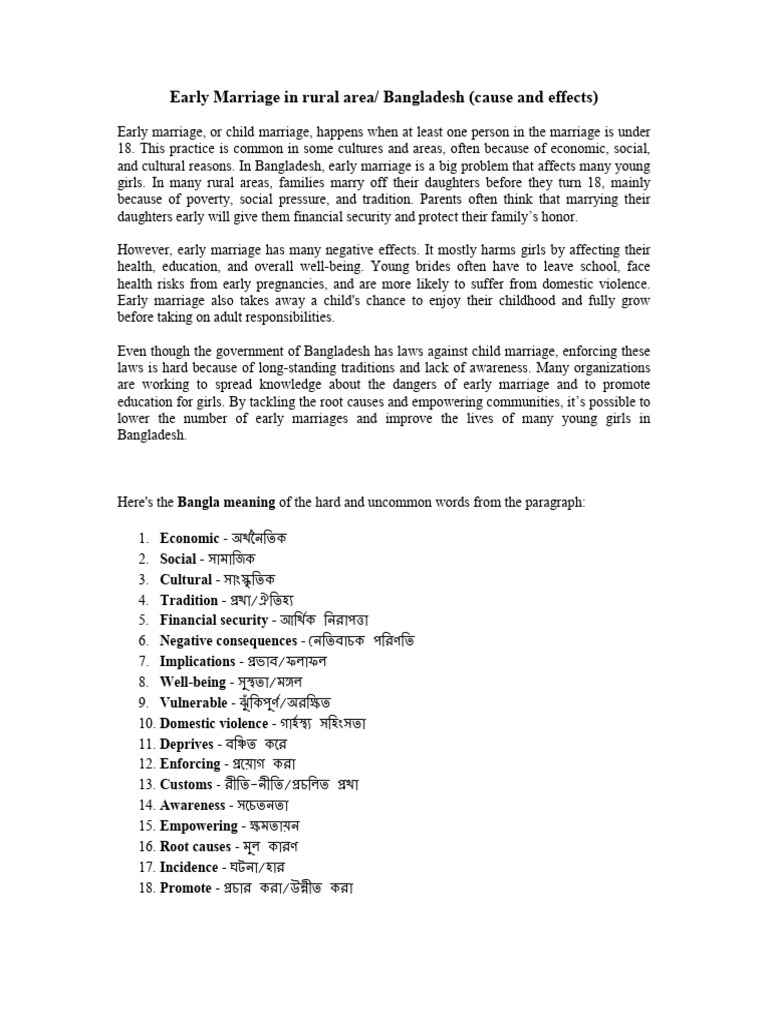 Paragraph On Early Marriage in Rural Area in Bangladesh (Cause and ...