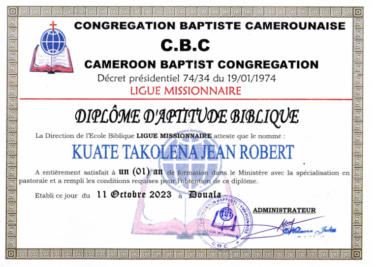 Diplome D'aptitude Biblique Kuate Takolena Jean Robert | PDF