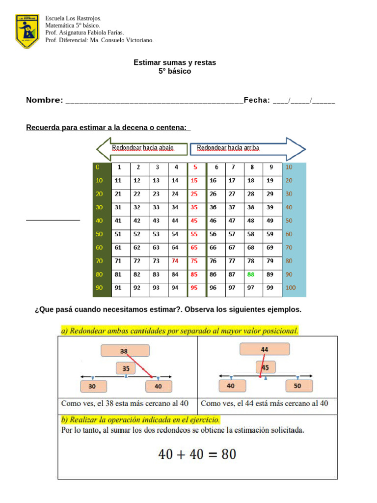 GUÍA ESTIMACIÓN DE SUMAS Y RESTAS 5° BÁSICO | PDF