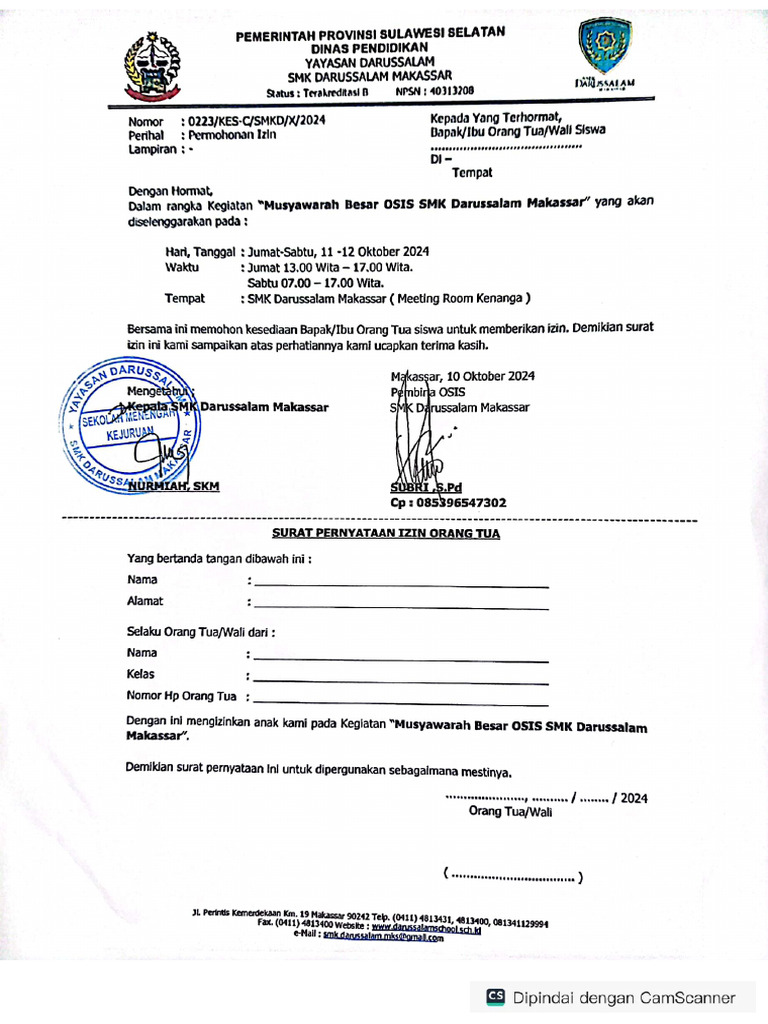 Surat Izin Orang Tua Mubes Osis 24 | PDF