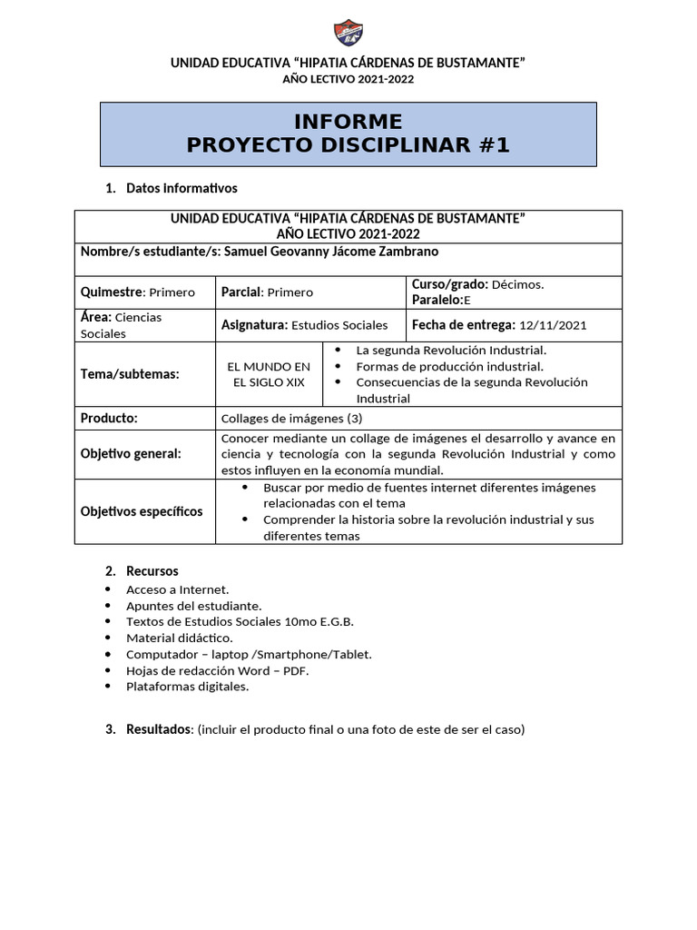 10mos Informe Proyecto Disciplinar (Estudiante) | PDF