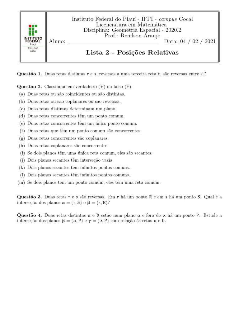 Lista 2 - Posições Relativas | PDF