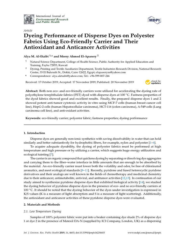 Dyeing Performance of Disperse Dyes On Polyester F | PDF
