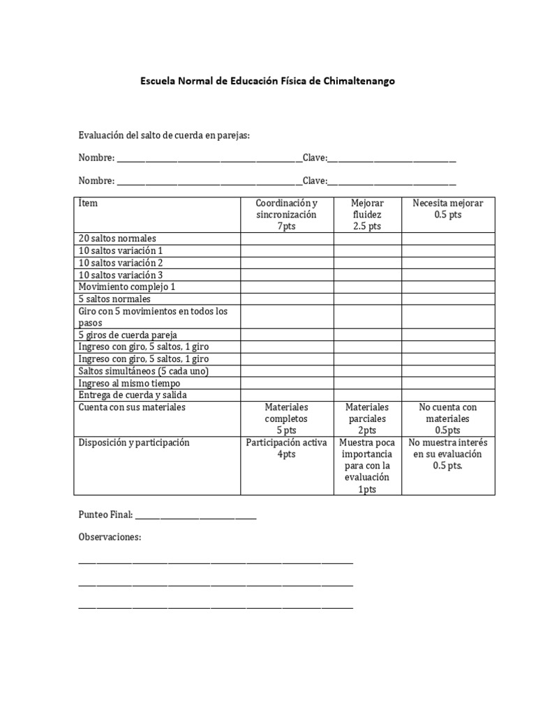 Evaluacion Salto Cuerda Parejas | PDF