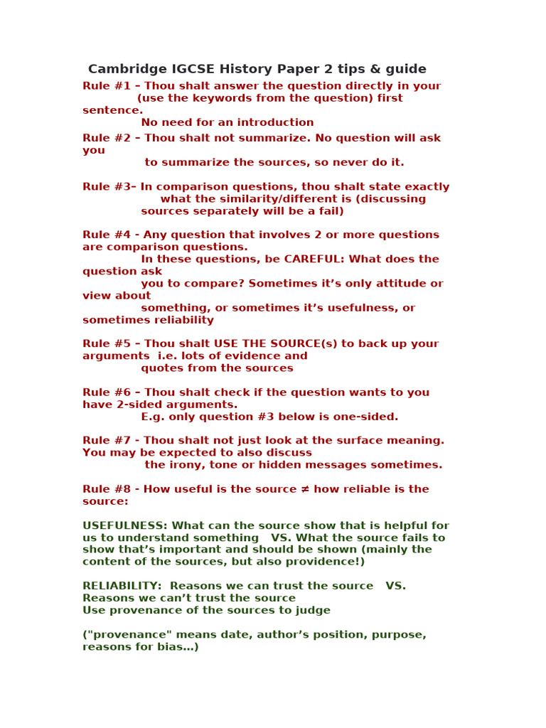 Cambridge IGCSE History Paper 2 Tips | PDF