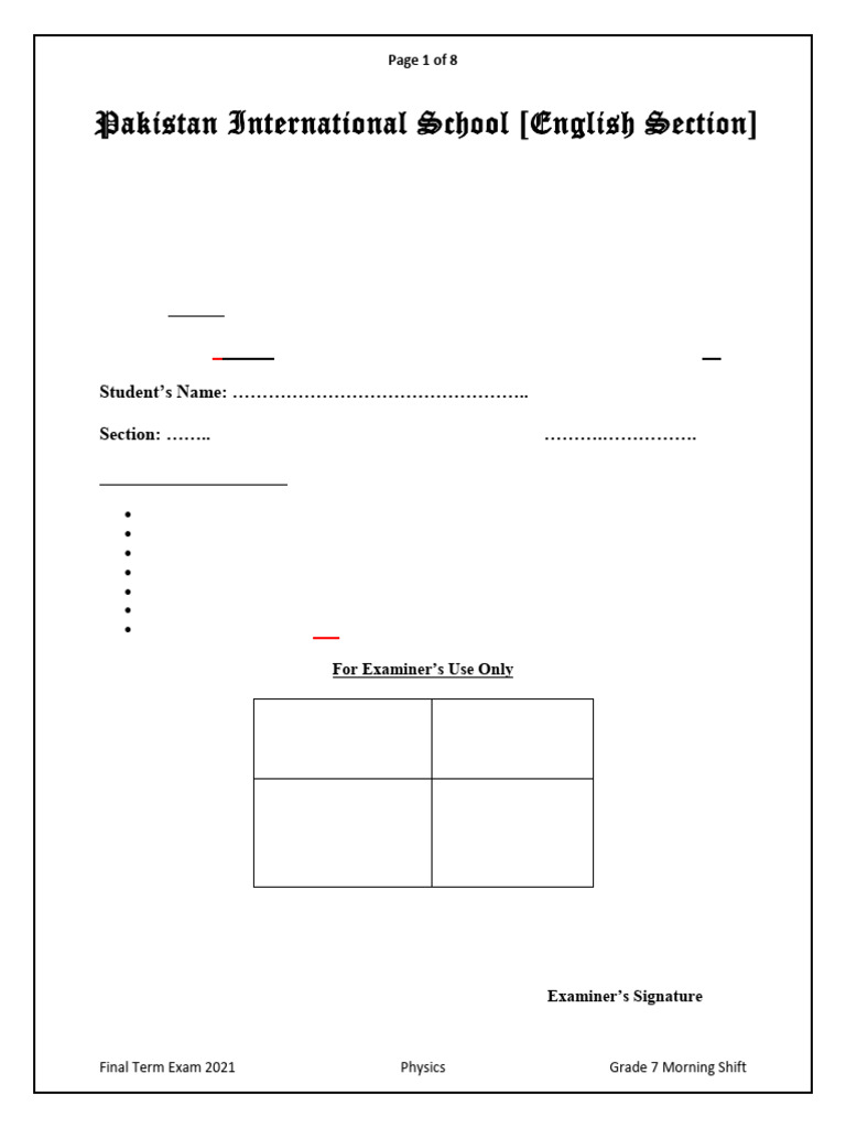 GR 7 Phy QP Morning Shift FT2021 | PDF