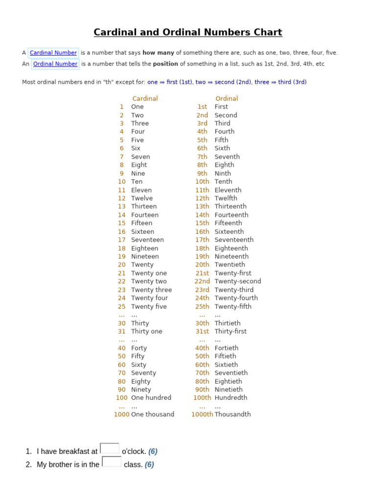 Cardinal and Ordinal Numbers Chart | PDF