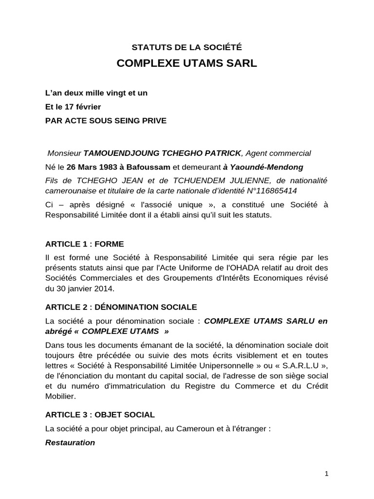 STATUTS SARL Cameroun | PDF