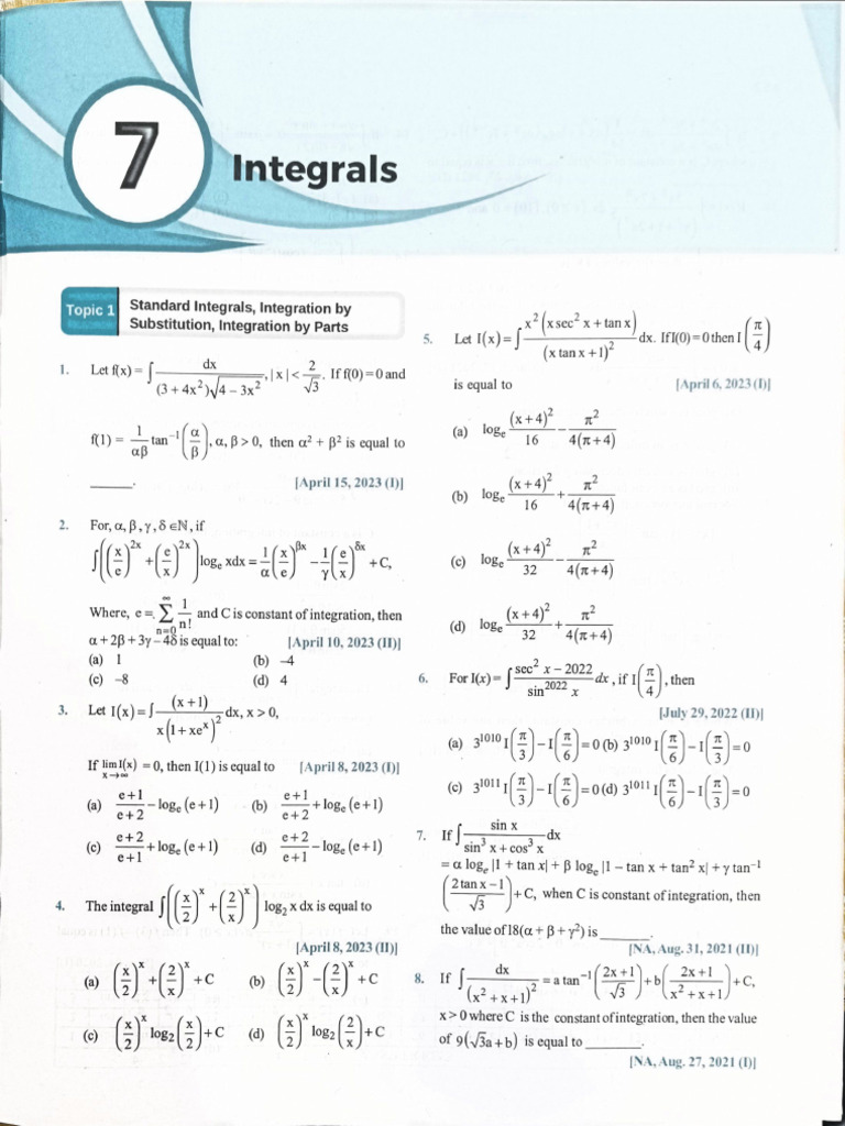 Integrals PYQ-S 02-Aug-2024 22-01-38 | PDF