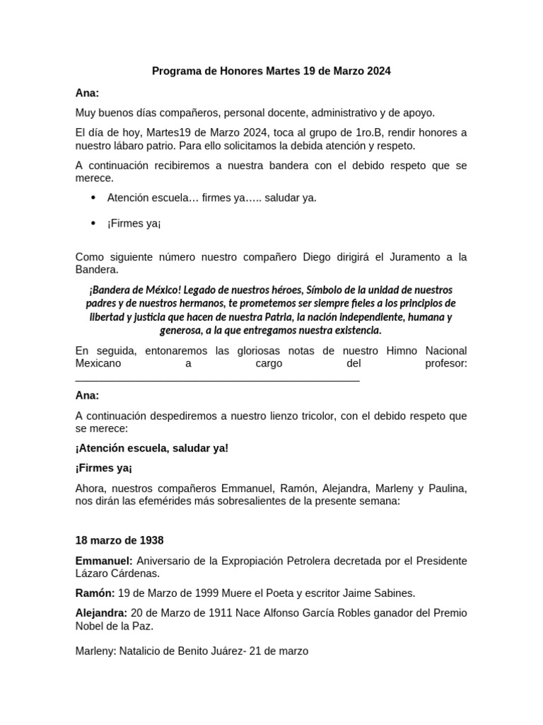 Programa de Honores Marzo 2024 | PDF