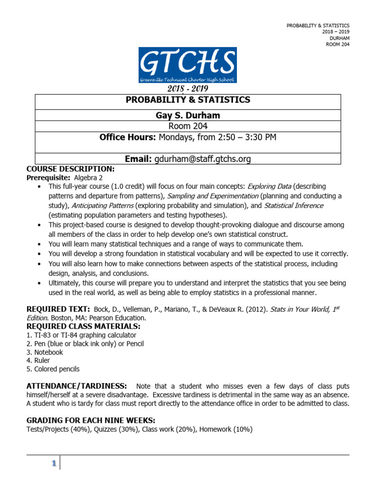 Probability - Statistics - Syllabus - 2018 2019 - Gay Durham - 8 3 18 | PDF