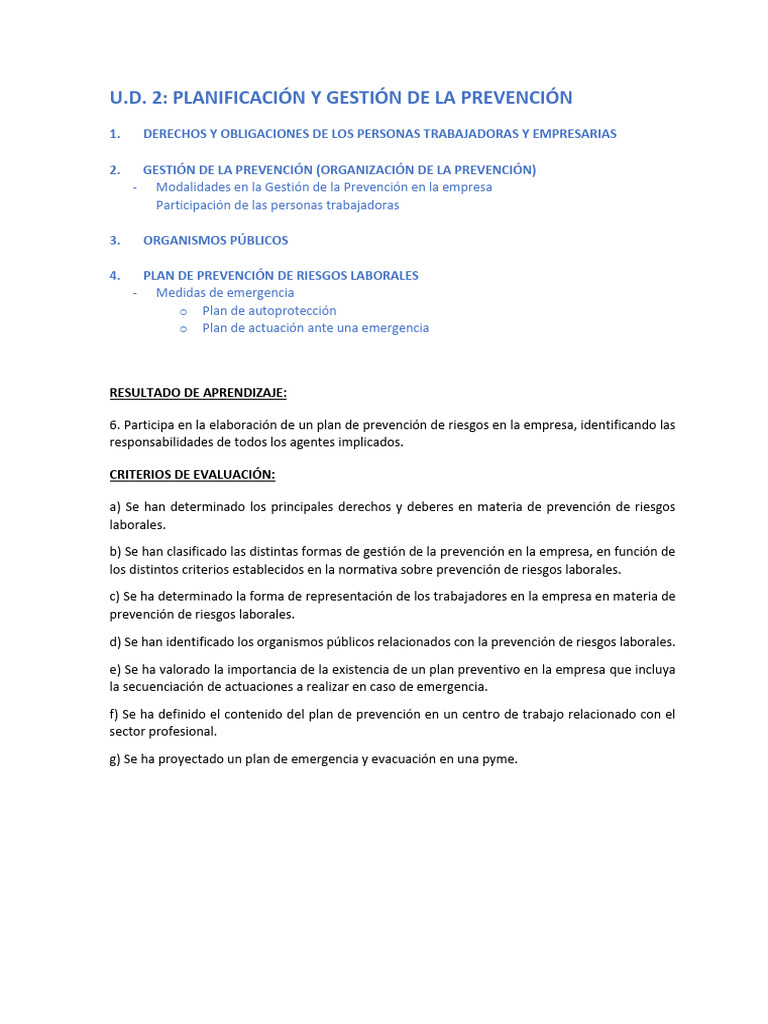 Ud2. Planificación y Gestión de La Prevención. | PDF