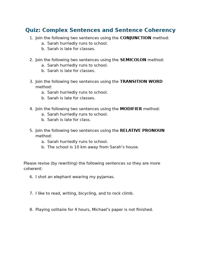 Quiz-Sentence Coherency & Complex Sentences | PDF