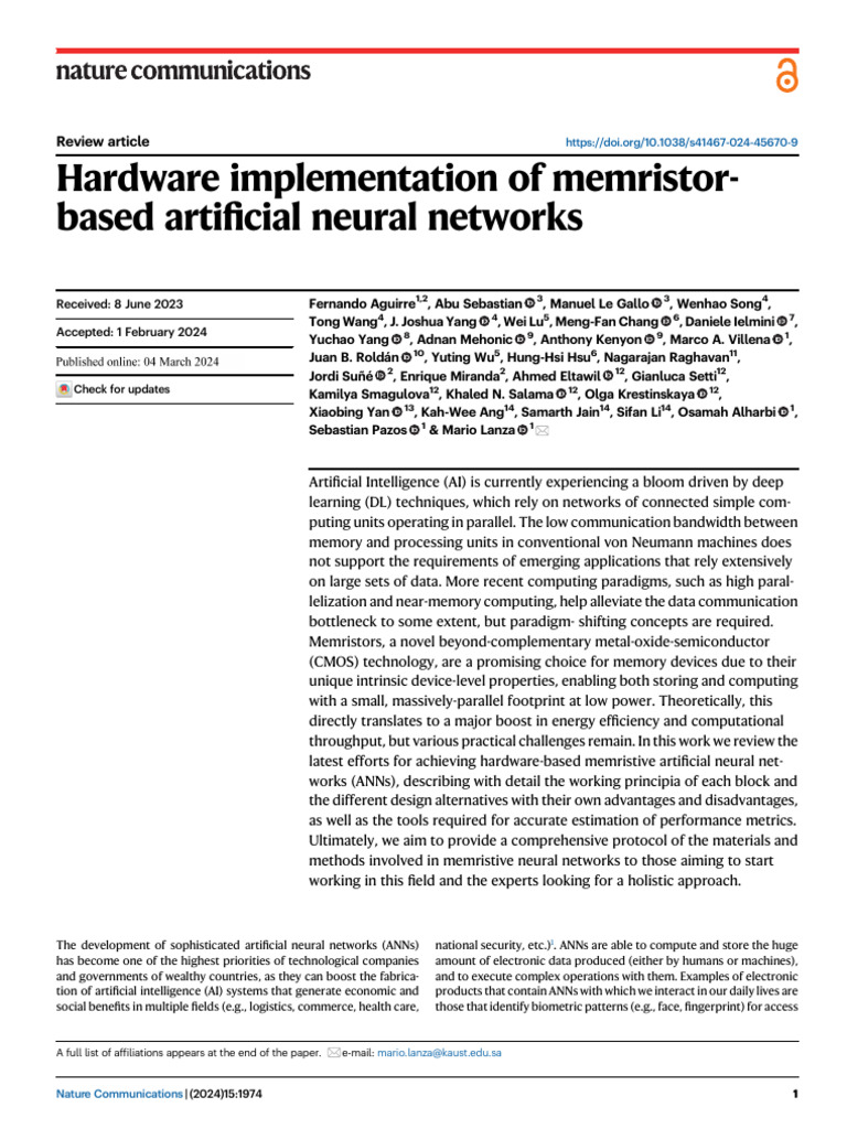 Hardware Implementation of Memristorbased Artificial Neural Networks | PDF