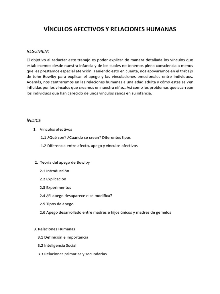 Vínculos Afectivos y Relaciones Humanas 1 | PDF