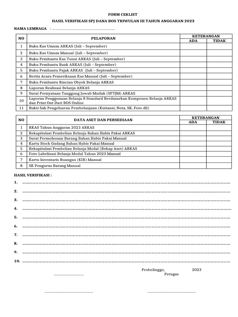 ! FORM CEKLIST VERIFIKASI SPJ TW 3 2023 | PDF