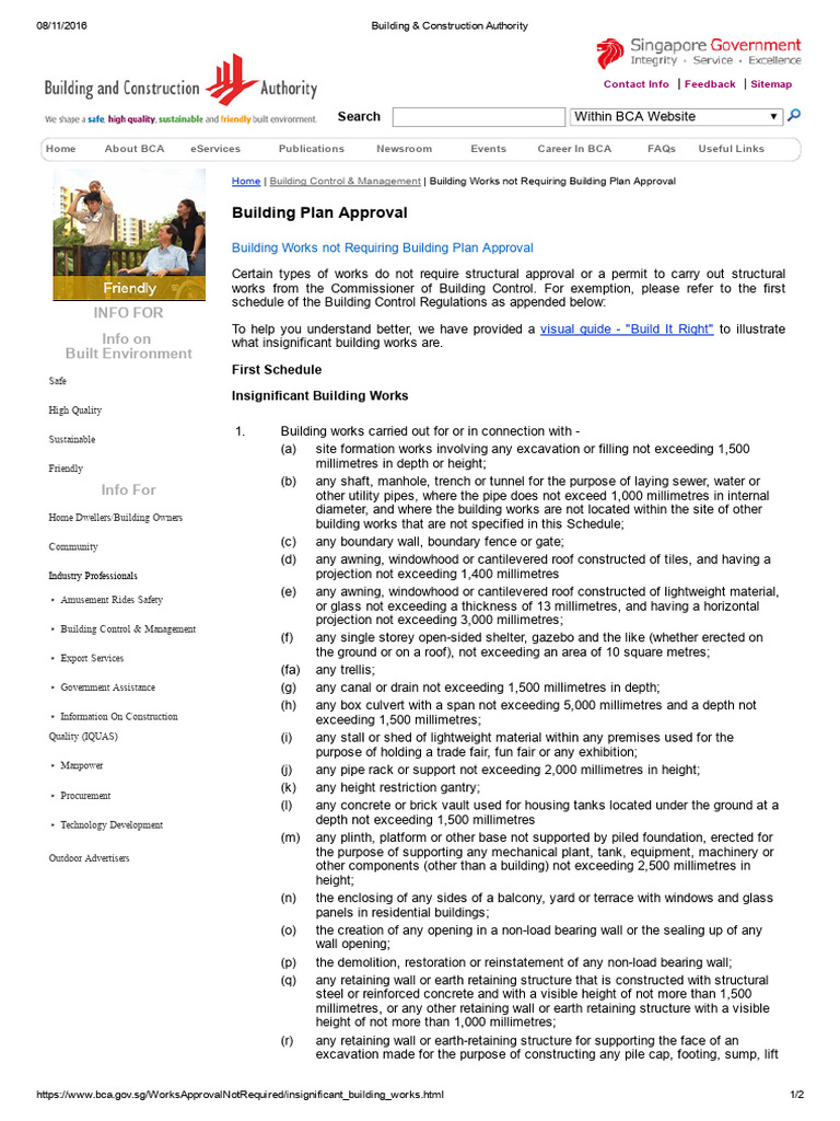 BCA - First Schedule (Insignificant Bldgs Works Not Requiring BLDG Plan Approval) | PDF