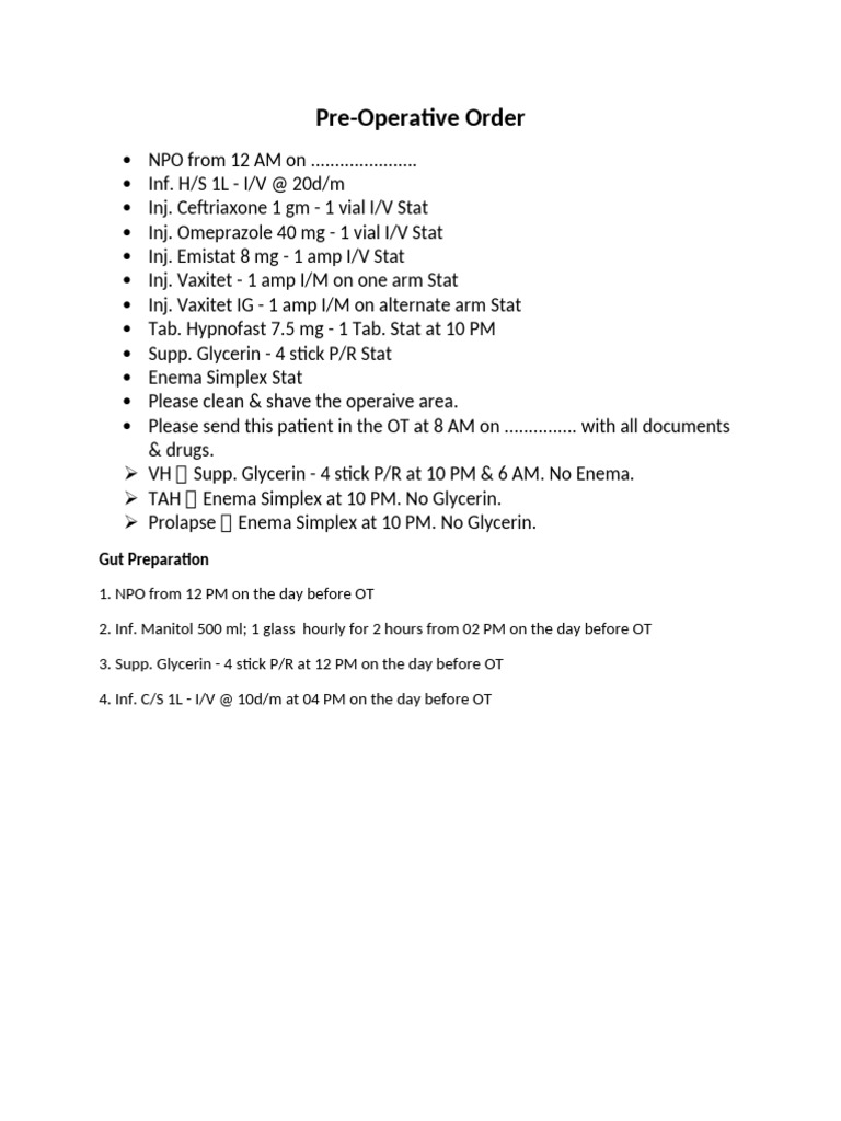 Pre Operative Order & Gut Preparation | PDF