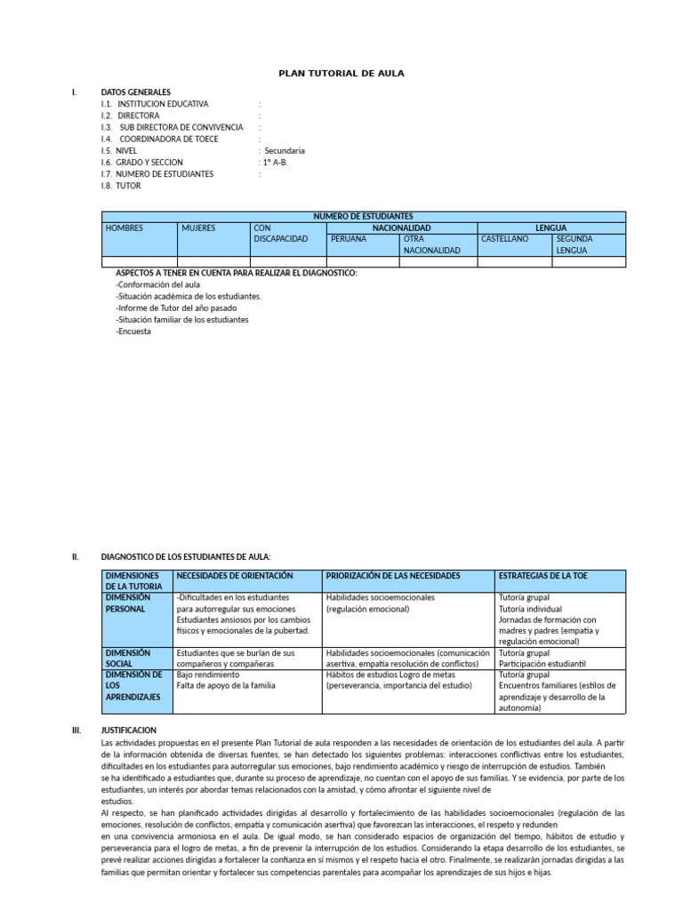 PLAN TUTORIAL DE AULA 2024 | PDF
