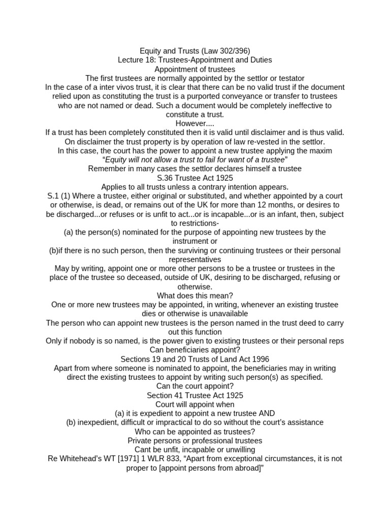 Equity & Trust - Lecture 18 - Equity and Trusts | PDF